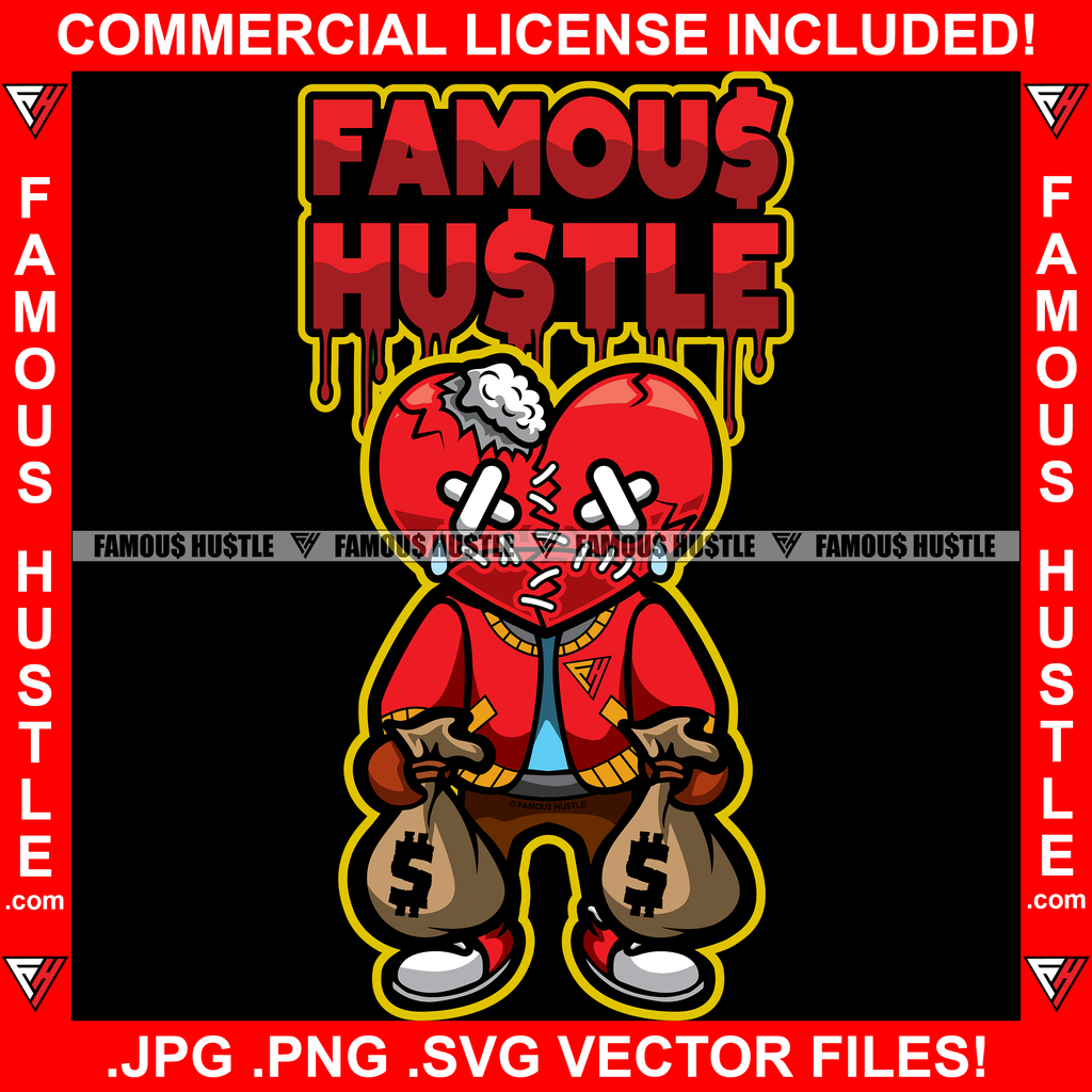 Famous Hustle Bloody Broken Red Heart Cartoon Character Stitched Tears ...