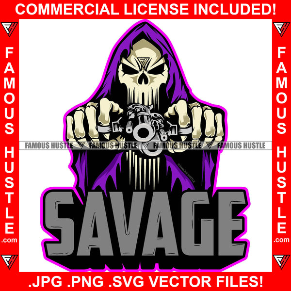 Savage Skull Skeleton Grim Reaper Hooded Pistol Guns Angry Street Lege ...