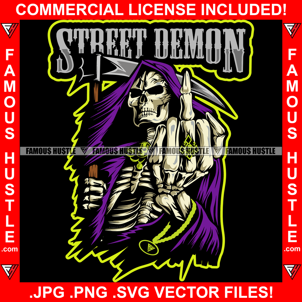 Street Demon Savage Skull Skeleton Grim Reaper Hooded Angry Middle Fin ...