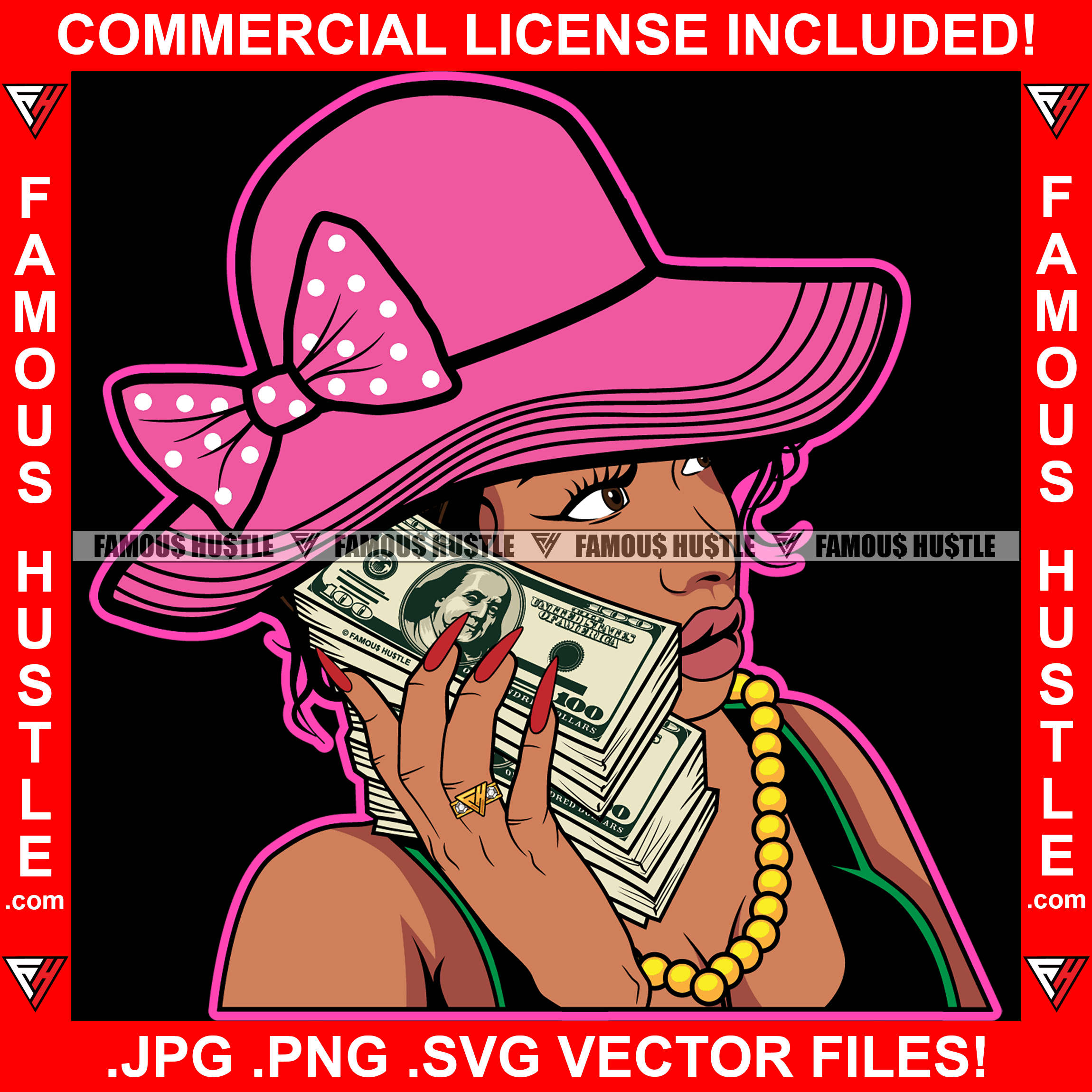 Sexy Female Lady Pink Cap Nails Holding Cell Phone Money Stack Gold Je ...