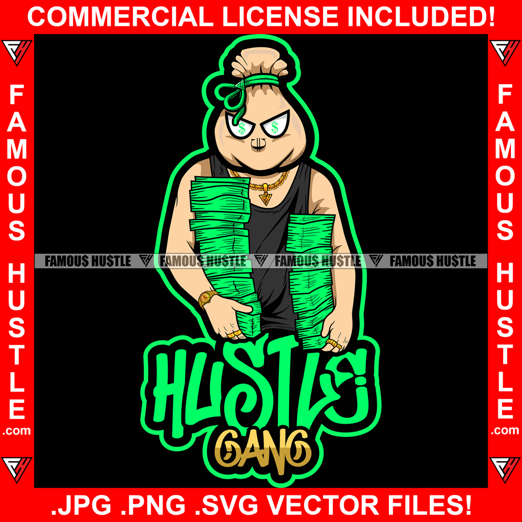 Hustle Gang White Bag Cartoon Character Gold Necklace Two Huge Cash St ...