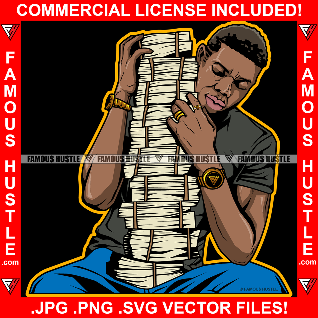 Boss Up! Gangster Black Man Huge Money Stack Male Robber Gold Jewelry ...