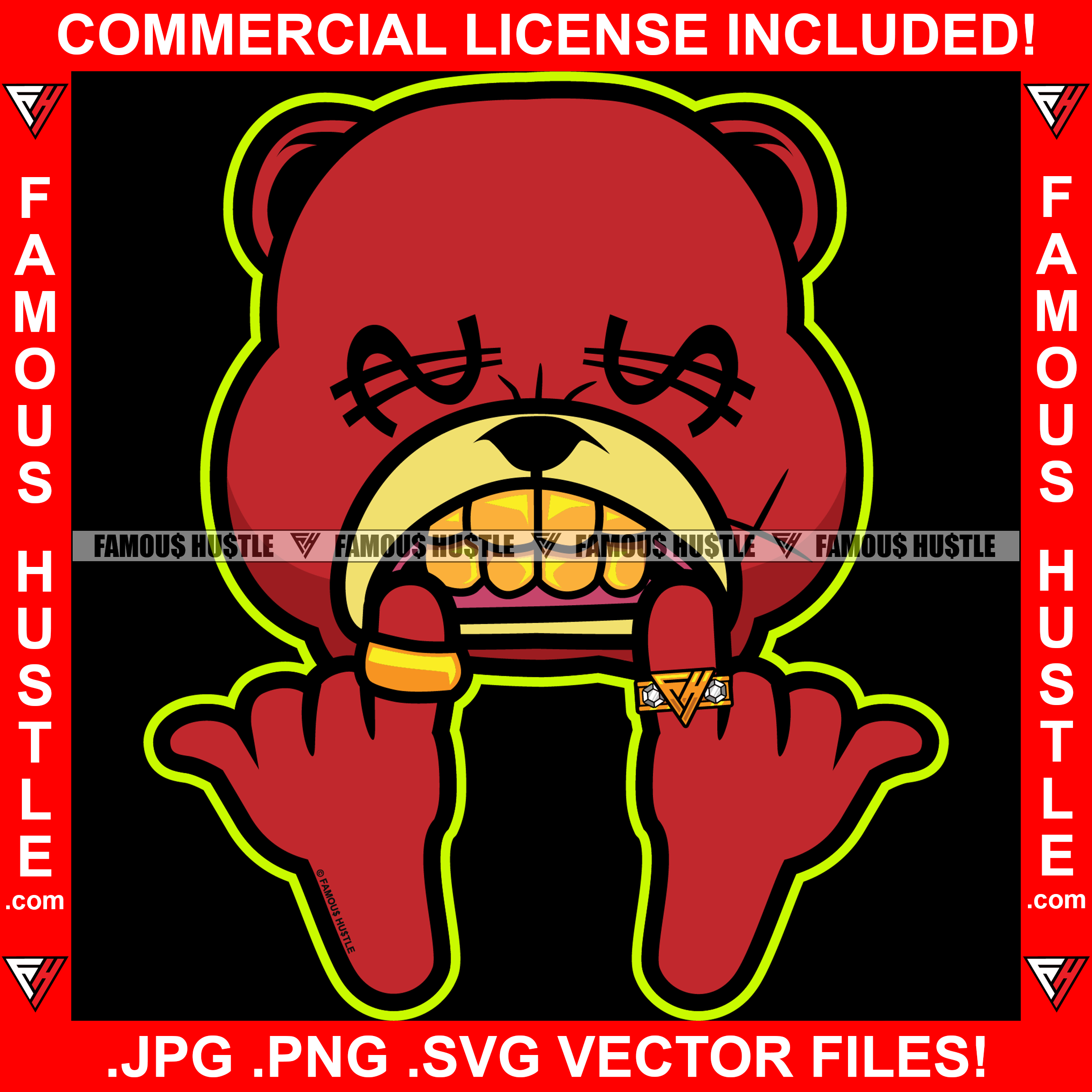 Red Teddy Bear Dollar Sign Eyes Showing Gold Teeth Rings Hip Hop Rap R ...