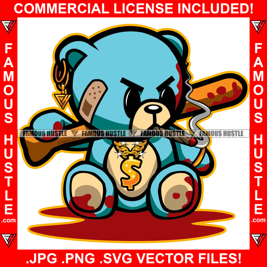 Thug Life Gangster Teddy Bear Angry Scar Face Bloody Baseball Bat Gold ...