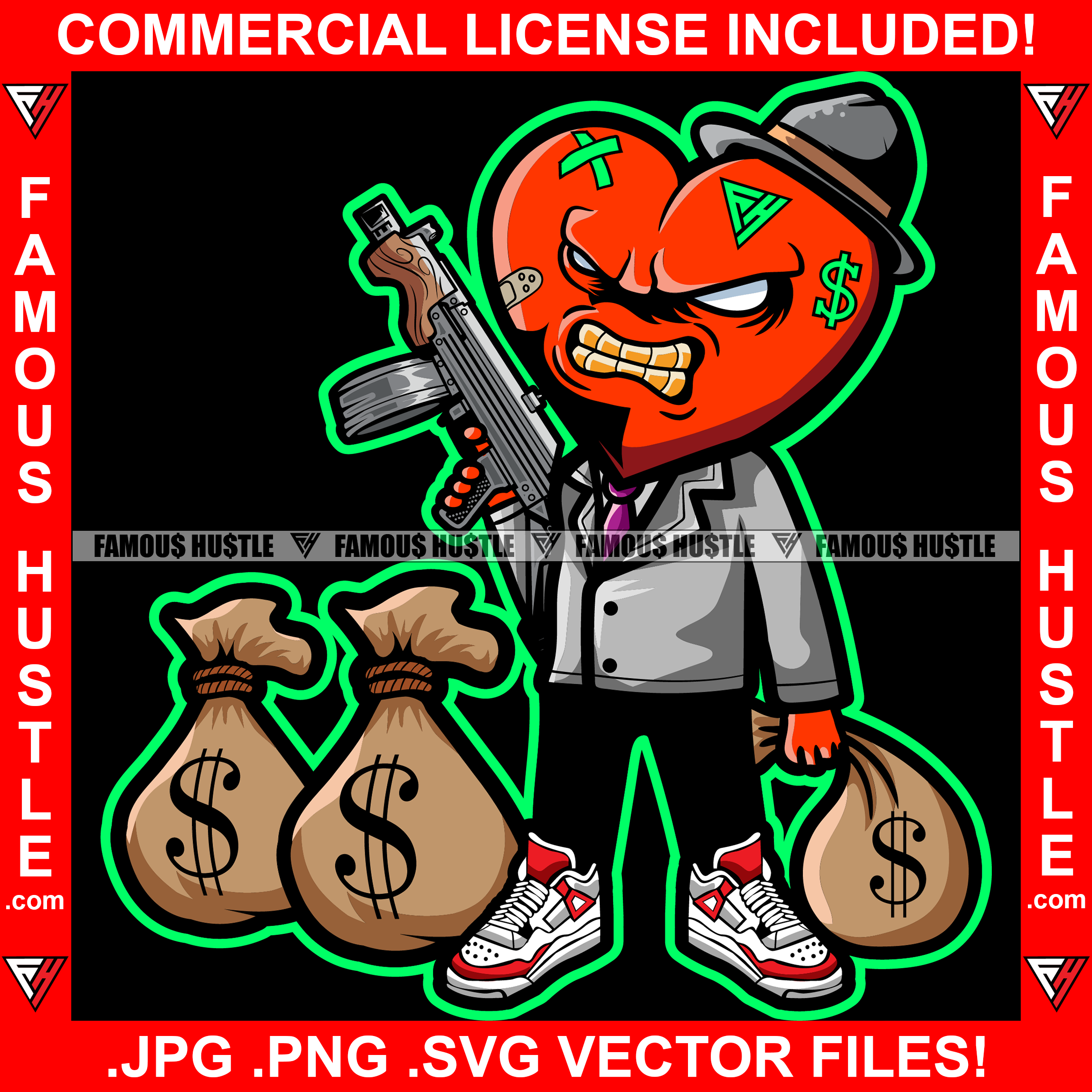 Gangster Heart Gold Teeth Cash Money Bag Machine Gun Mafia Mob Boss Su ...