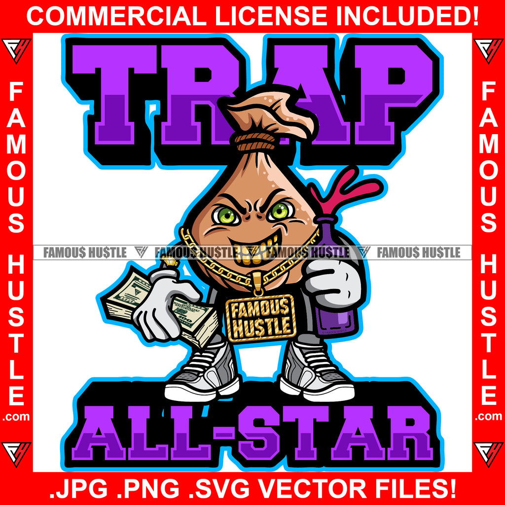 Trap All Star Gangster Money Bag Cartoon Character Mean Smile Gold Tee ...