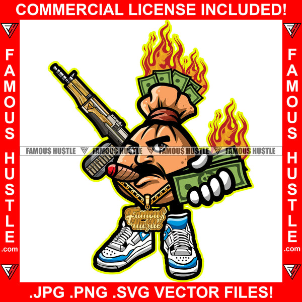 Bag Cartoon Character Mean Angry Face Hard Earned Machine Guns Fire Ca ...