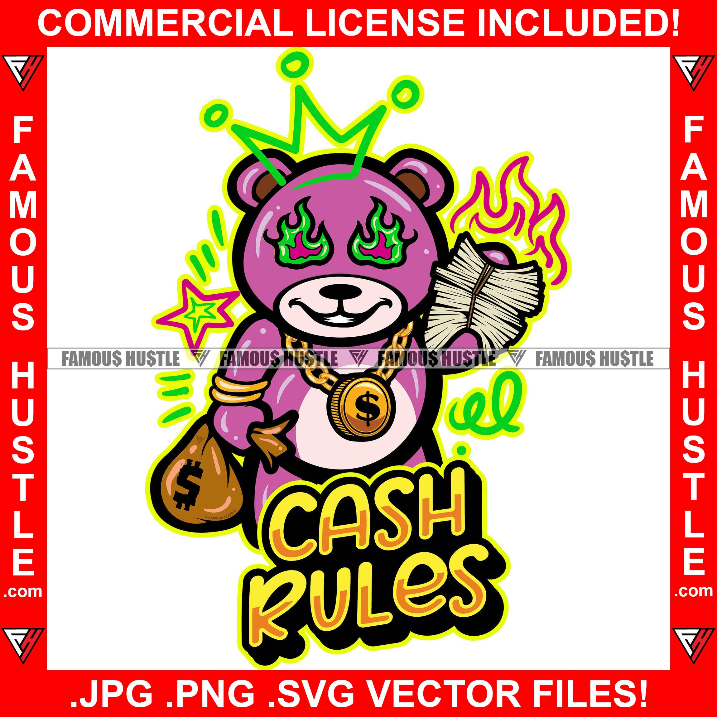 Cash Rules Gangster Teddy Bear Fire Eyes Gold Necklace Money Bundle Ba ...