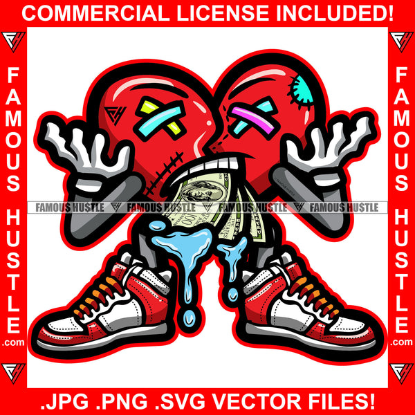 Red Heart Cartoon Character Scar Face Stitches Staples Cash Money Mout ...