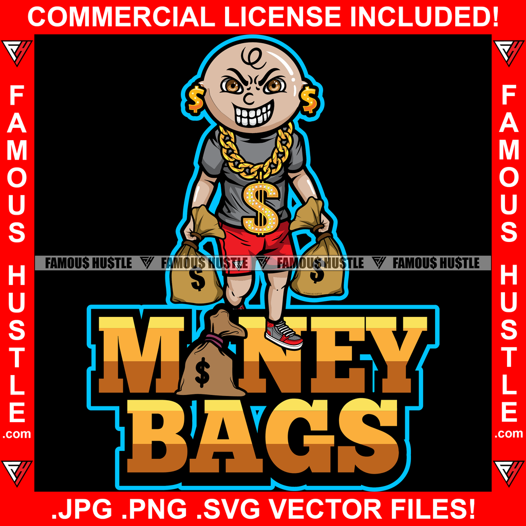 Money Bags Gangster Boy Bald Man Mean Smile Gold Dollar Sign Earrings ...