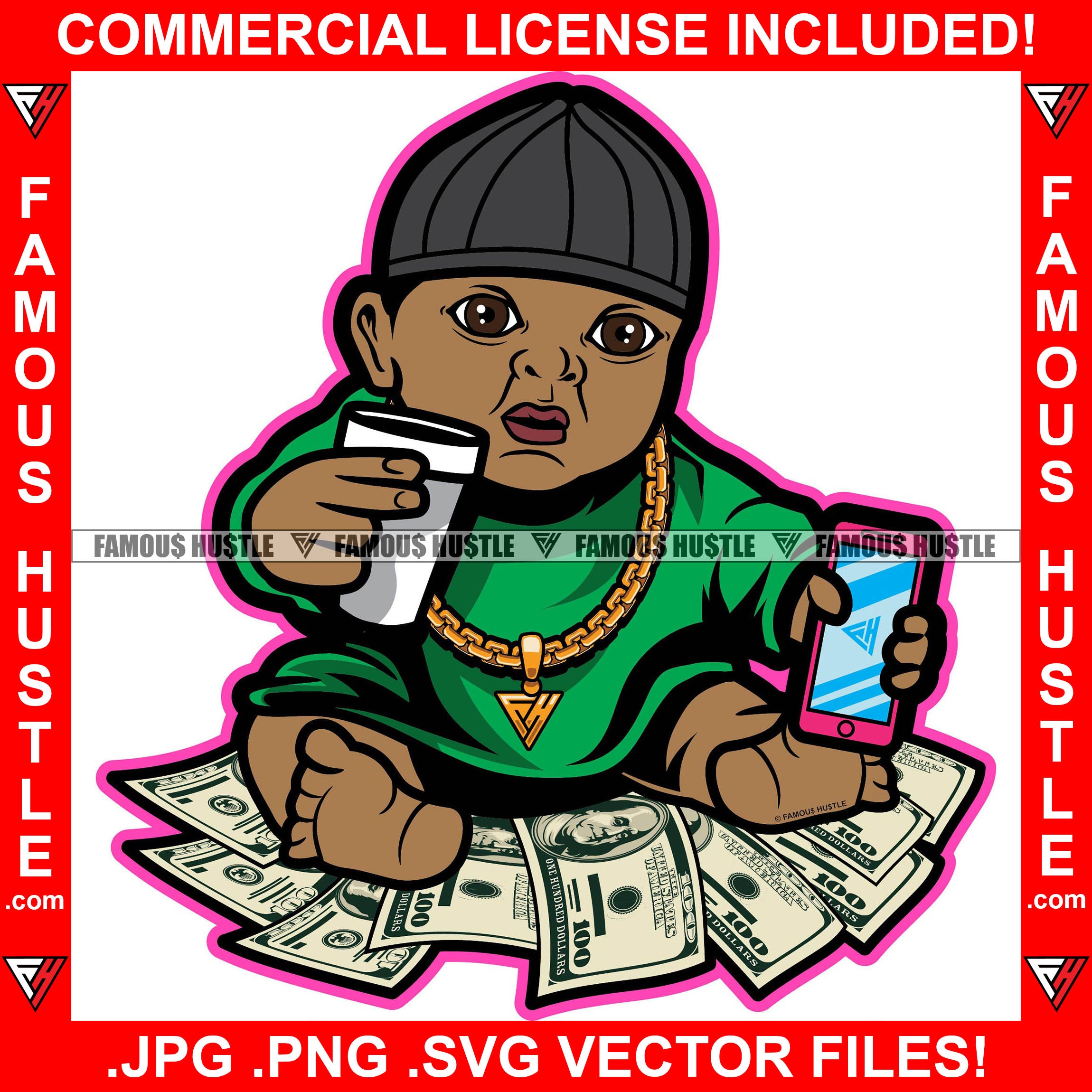 Street Baby Gangster Gold Necklace Sitting On Cash Money Drinking Lean ...