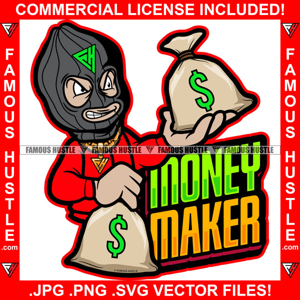 Money Maker Gangster Man Mean Face Black Ski Mask Two Cash Money Bags ...