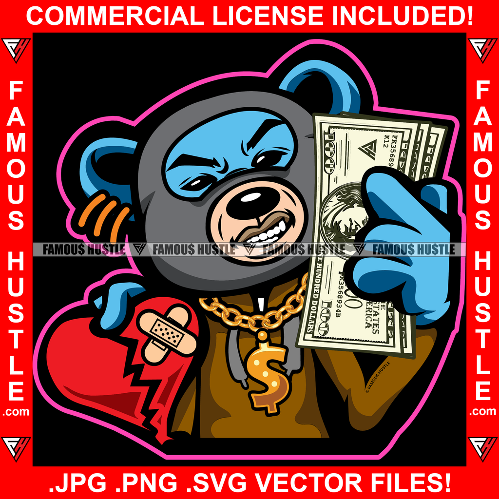Heartless Gangster Teddy Bear Ski Mask Holding Broken Heart Cash Money ...