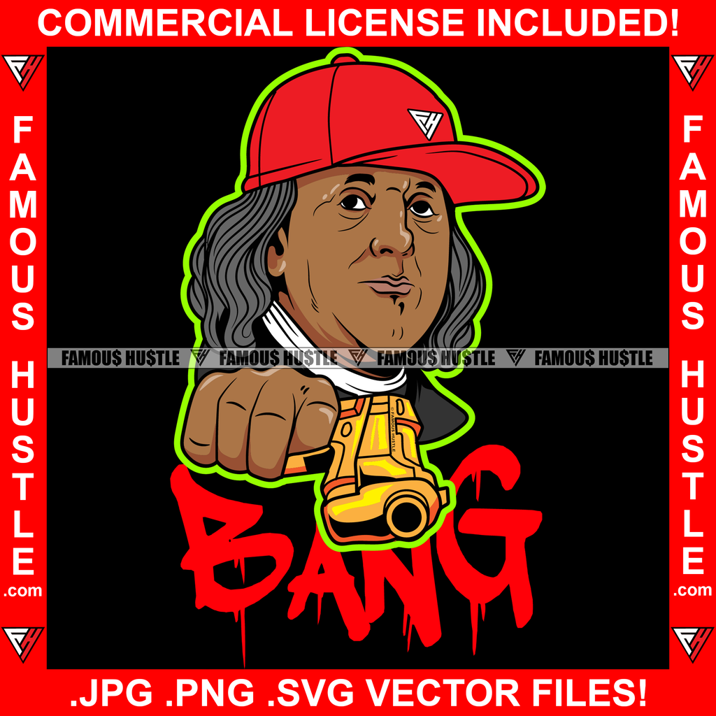 Bang Dripping Gangster President Ben Franklin Face Red Cap Gold Gun Ta ...