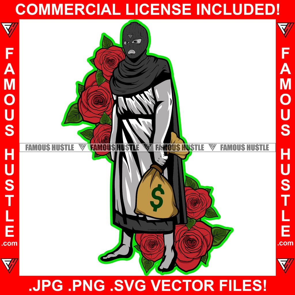 Gangster Man Black Ski Mask Cash Money Bag Red Roses Tattoo Hip Hop Ra ...