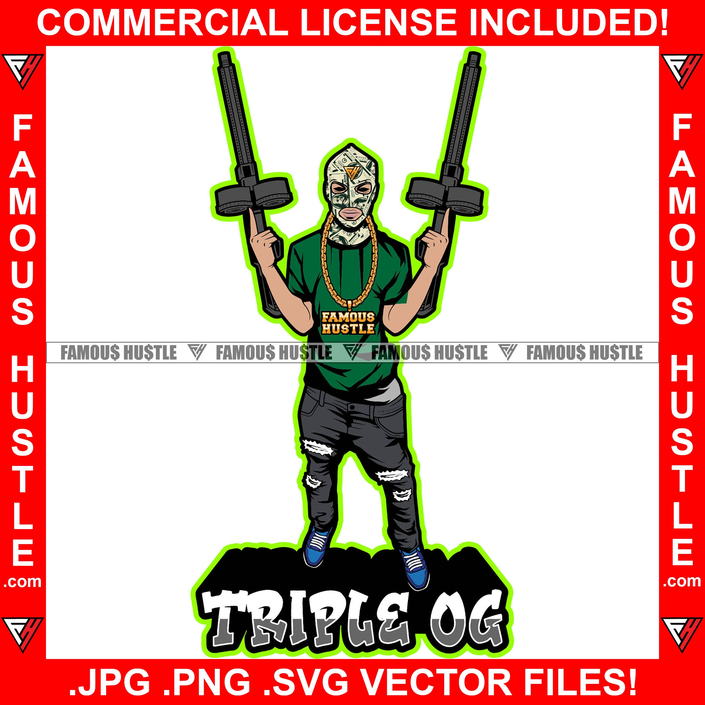 Triple OG Gangster Man Money Ski Mask Machine Guns Gold Jewelry Sneake ...