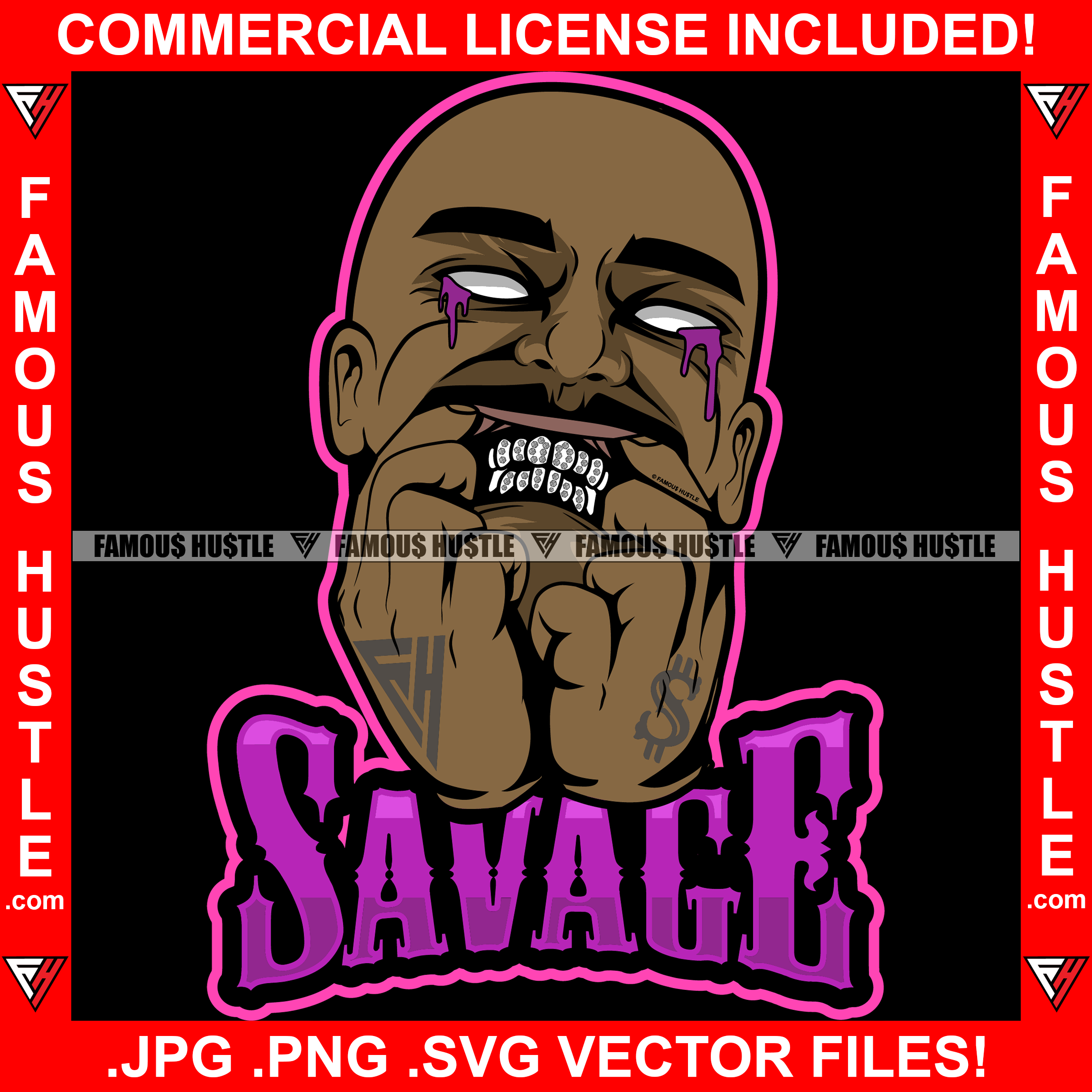 Savage Gangster Bald Man Black Tattoo Purple Dripping Diamond Teeth Sh ...