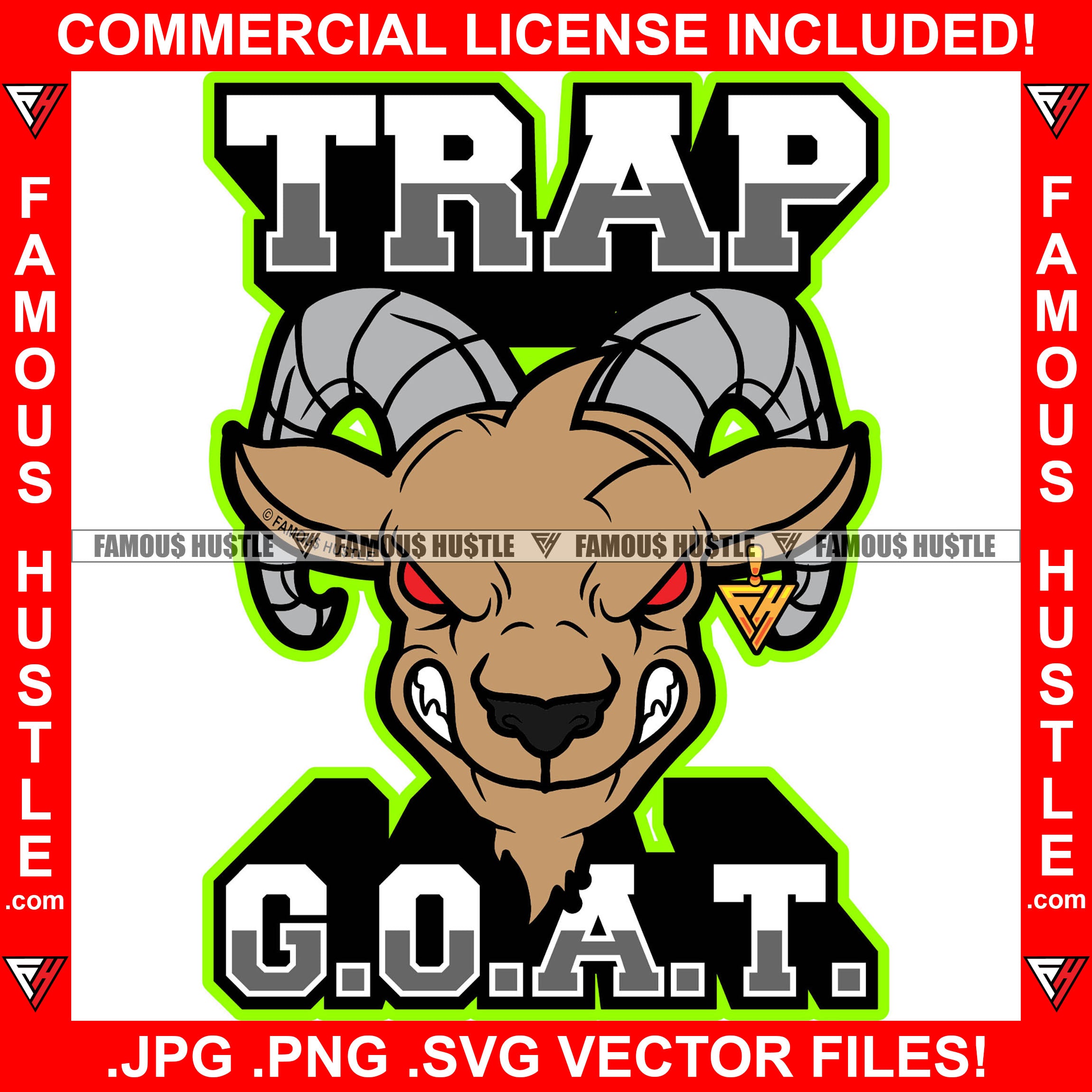 Trap G.O.A.T Goat Gangster Cartoon Character Big Horns Angry Face Gold ...