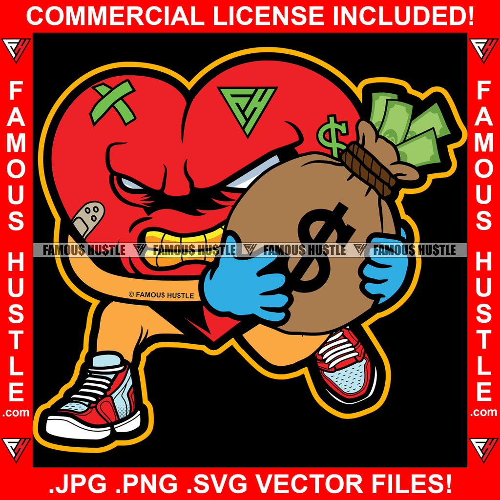 Gangster Heart Cartoon Character Gold Teeth Running Cash Money Bag Sca ...