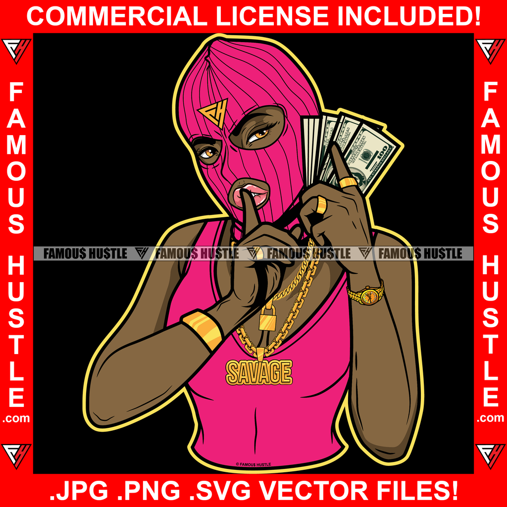 Sexy Gangster Woman Ski Mask Female Lady Money Stack Phone Shhh Sign F ...